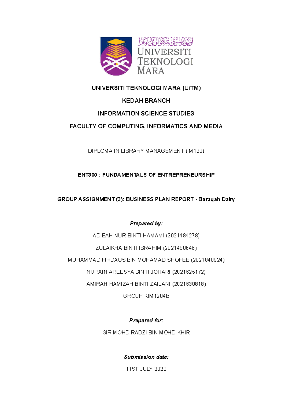 ENT300: Business Plan Report for Baraqah Dairy - Group Assignment 3 ...