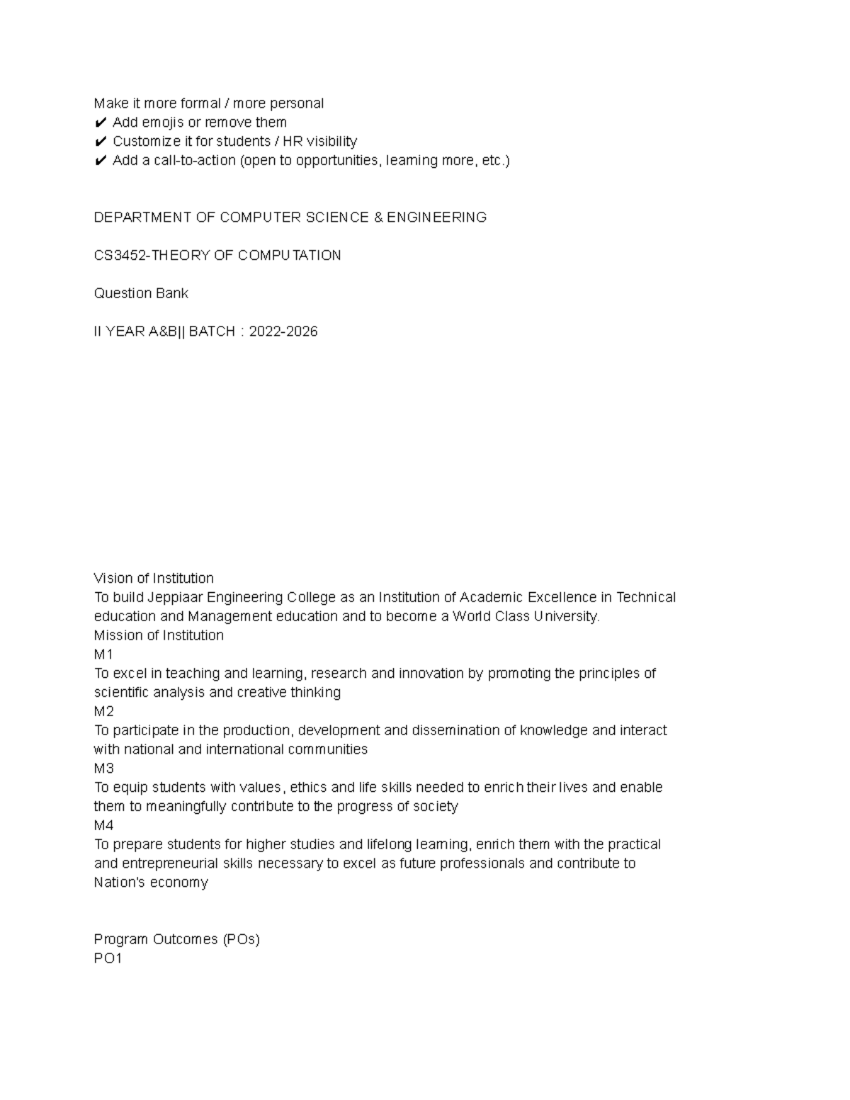 CS3452 Theory of Computation Question Bank for 2nd Year Students - Studocu