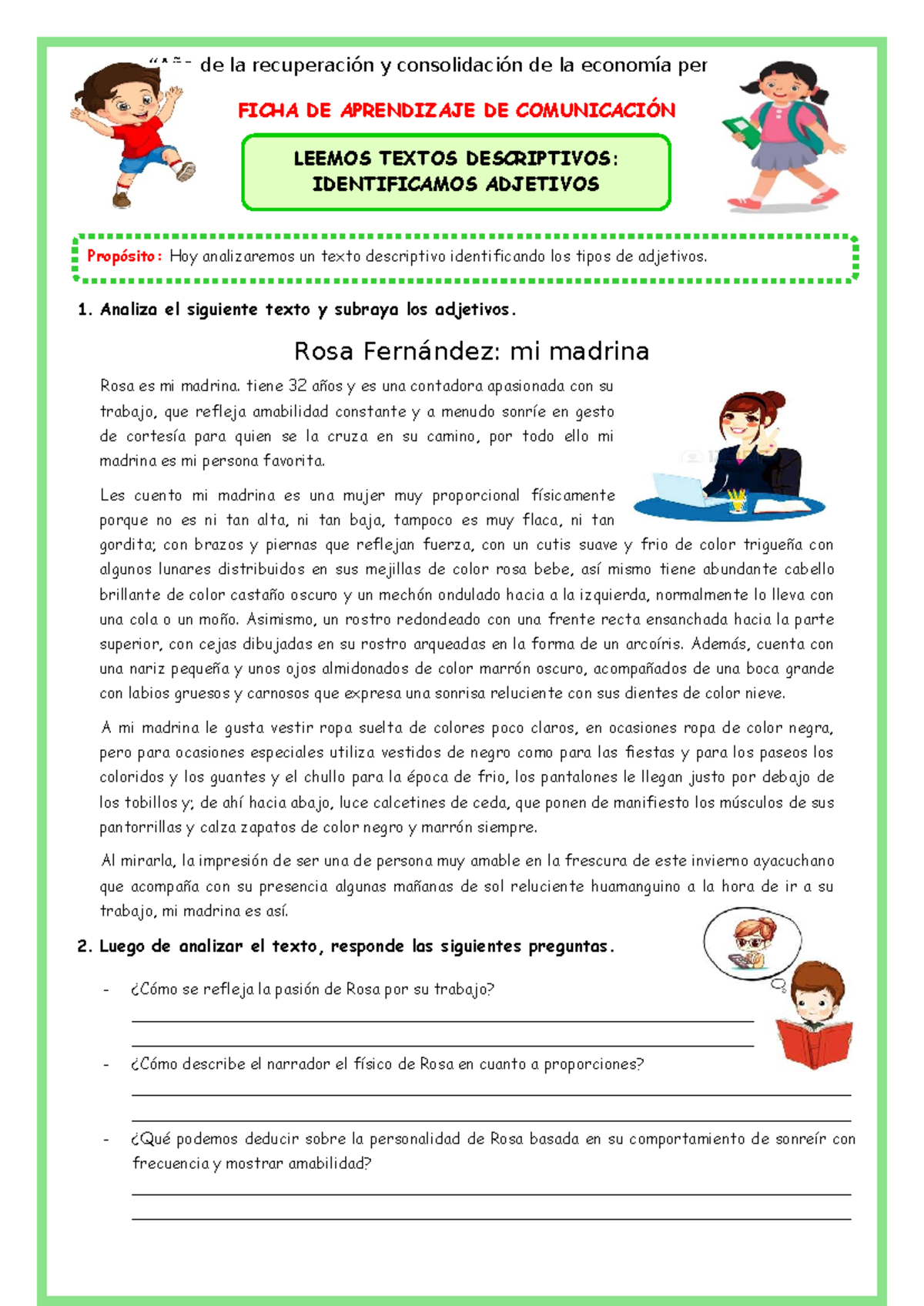 Ficha de Aprendizaje: Leemos Textos Descriptivos - Identificamos ...