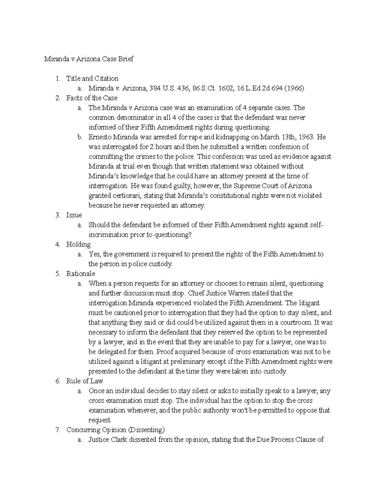 Miranda v. Arizona - 1966 Case Brief Analysis and Rationale - Studocu