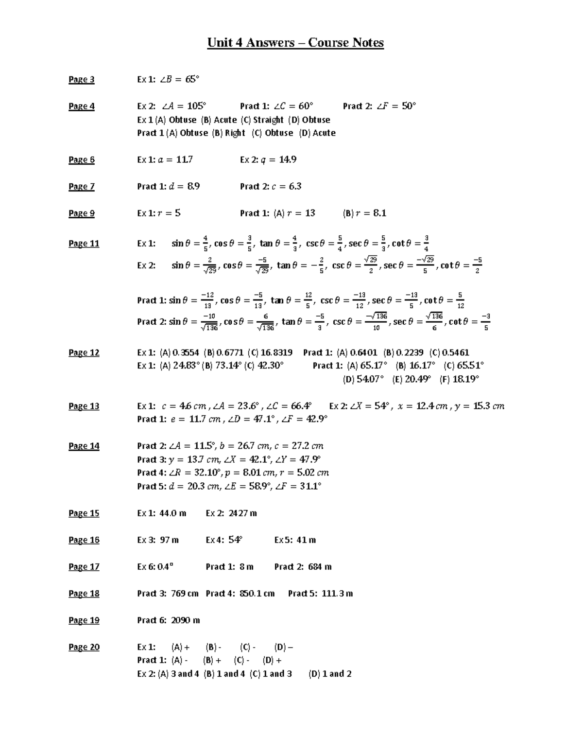 KEY Course Notes 4 - Unit 4 Answers – Course Notes Page 3 Ex 1: ∠𝐵𝐵 ...