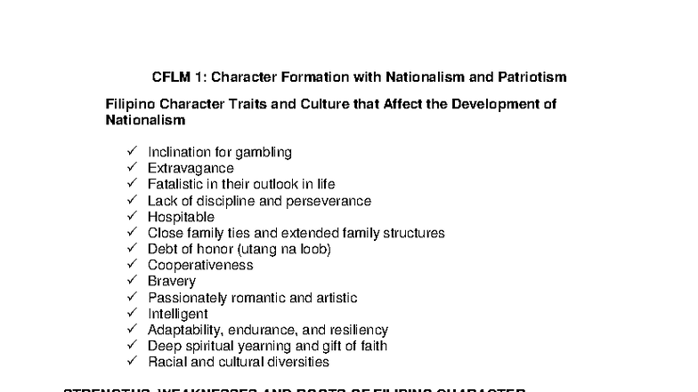 CFLM 1: Filipino Character Traits and Nationalism Insights - Studocu