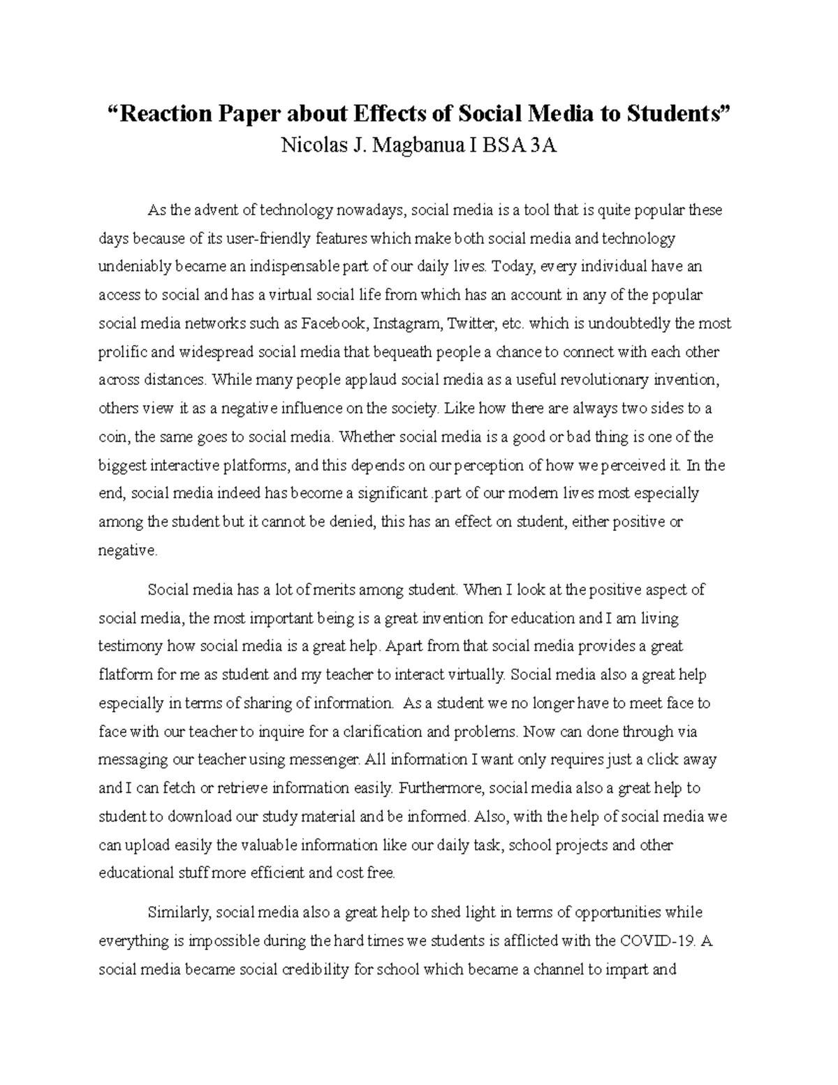 Reaction Paper about Effects of Social Media to Students - “Reaction ...