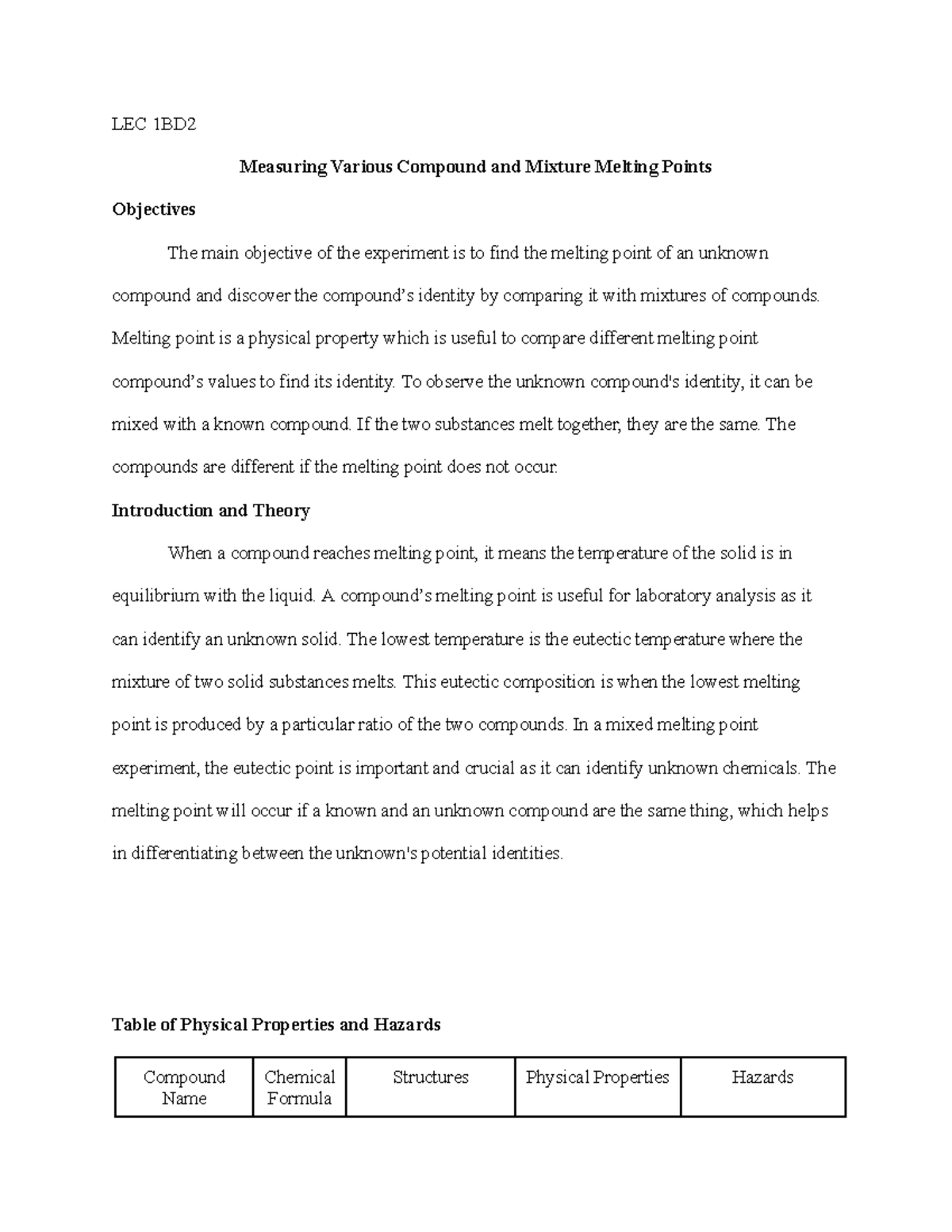 LEC 1BD2 Orgo Lab Report: Measuring Melting Points of Compounds - Studocu