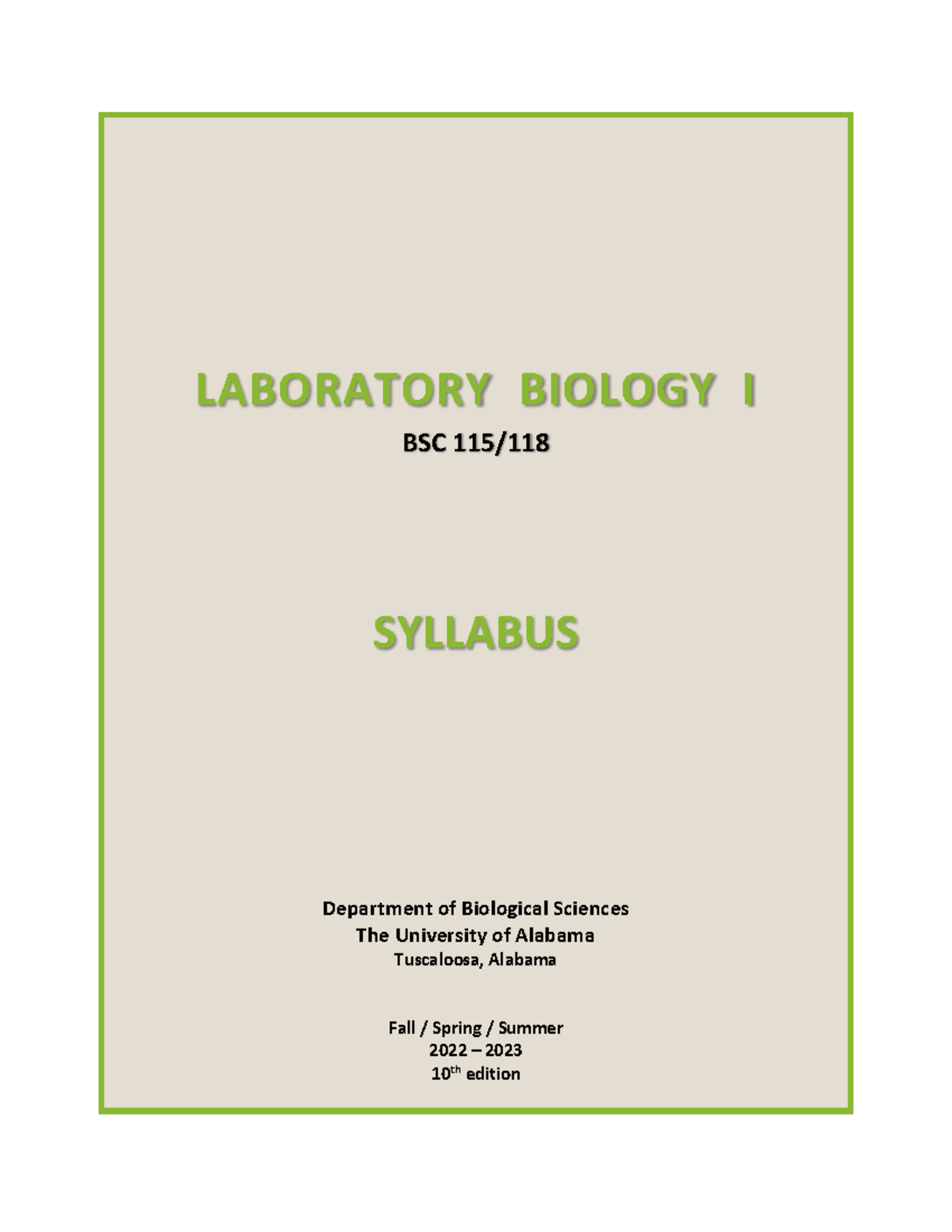 Lab Bio Syllabus - LABORATORY BIOLOGY I BSC 115/ SYLLABUS Department of ...