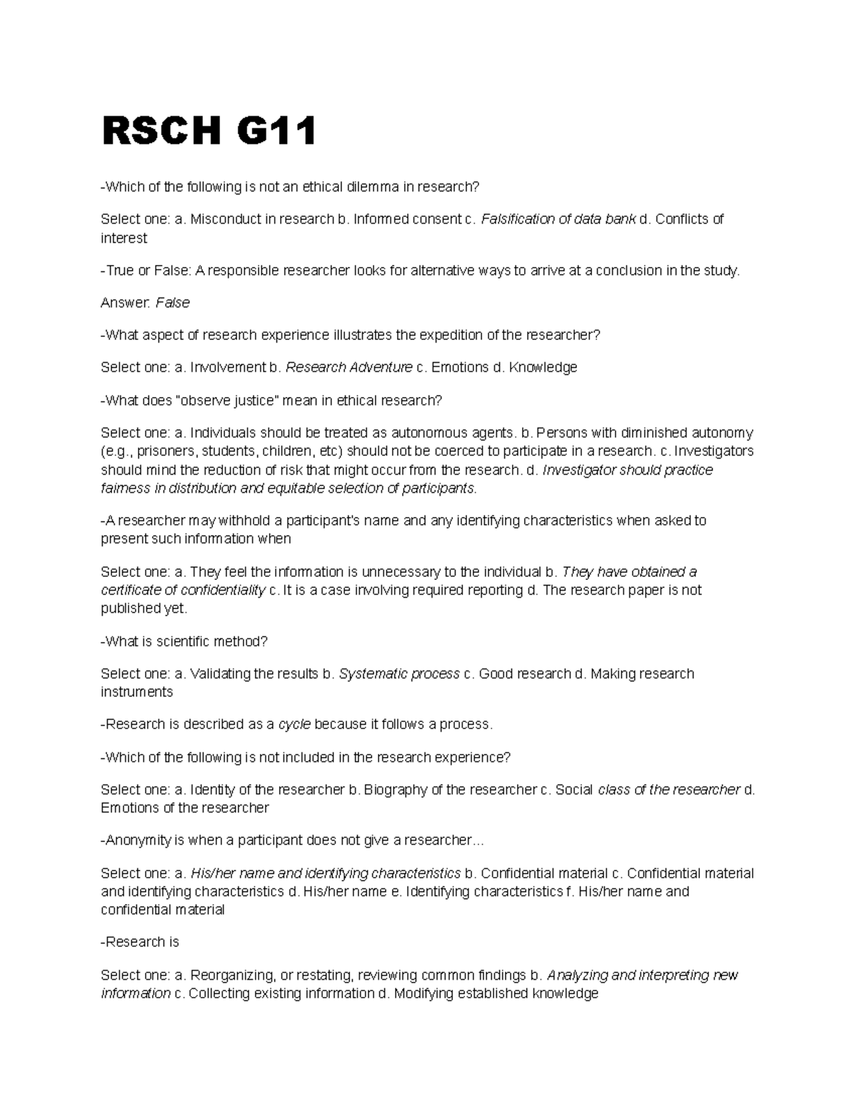 RSCH Grade 11 Research Ethics Practice Questions & Answer Key - Studocu