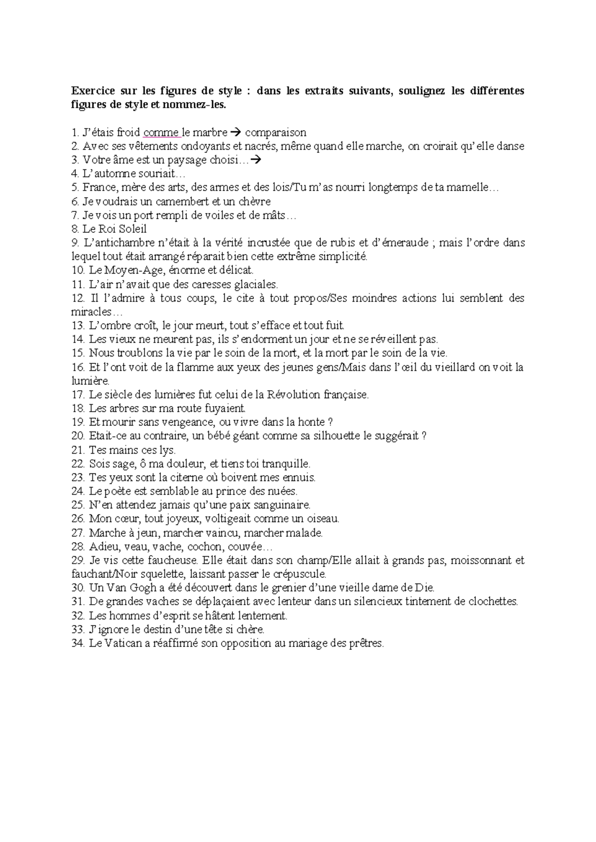 Exercice sur les Figures de Style - Analyse de Textes Littéraires - Studocu