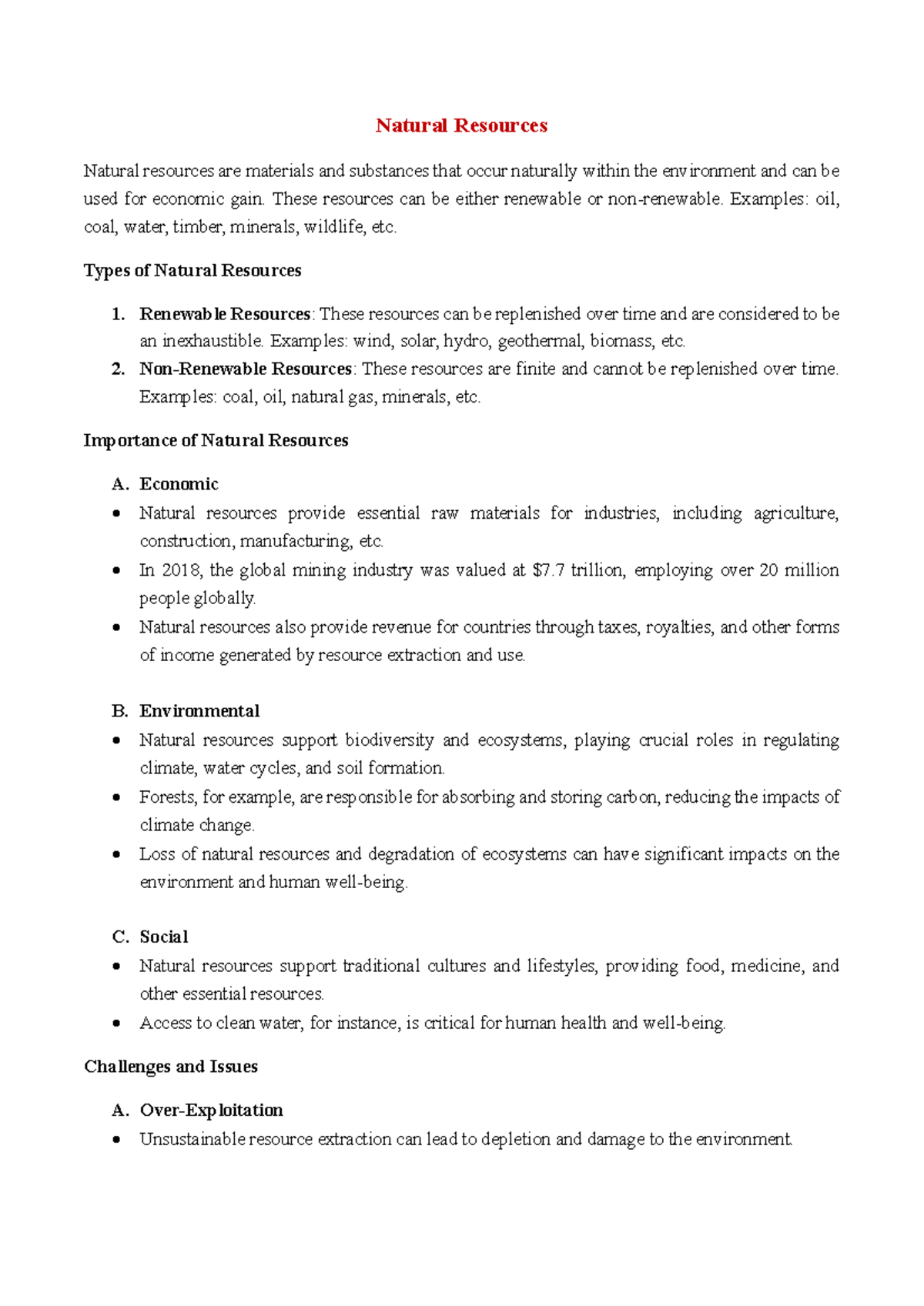 Natural Resources - Key Concepts and Importance Notes - Studocu