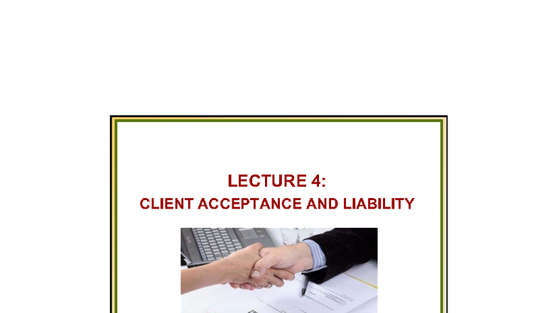2025 SV LECTURE 5: CLIENT ACCEPTANCE AND LIABILITY - Studocu