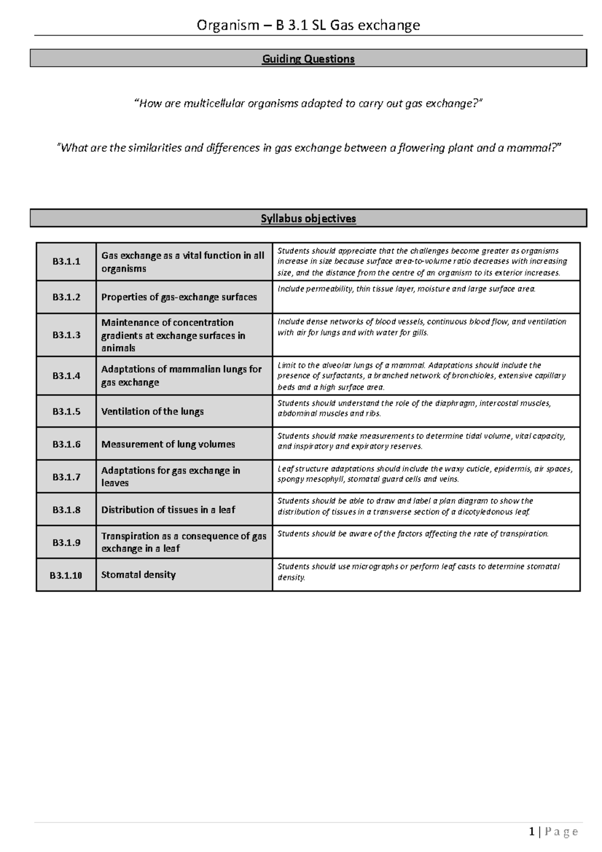 B3.1 SL Gas Exchange: Adaptations in Multicellular Organisms - Studocu