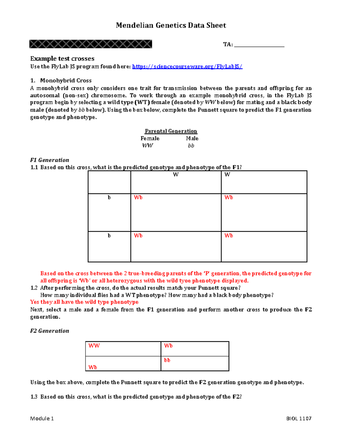 MOD1 DATA Sheet - TA: ______________________ Example test crosses Use ...