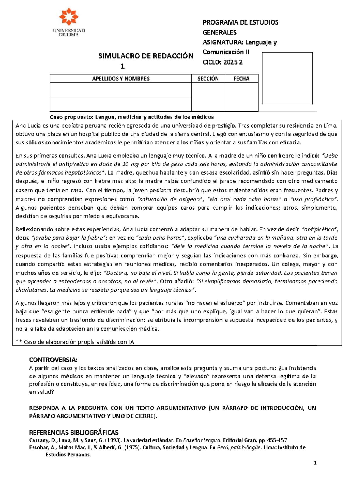 SIMULACRO DE REDACCIÓN 1: Lenguaje y Comunicación II - 2025 - Studocu