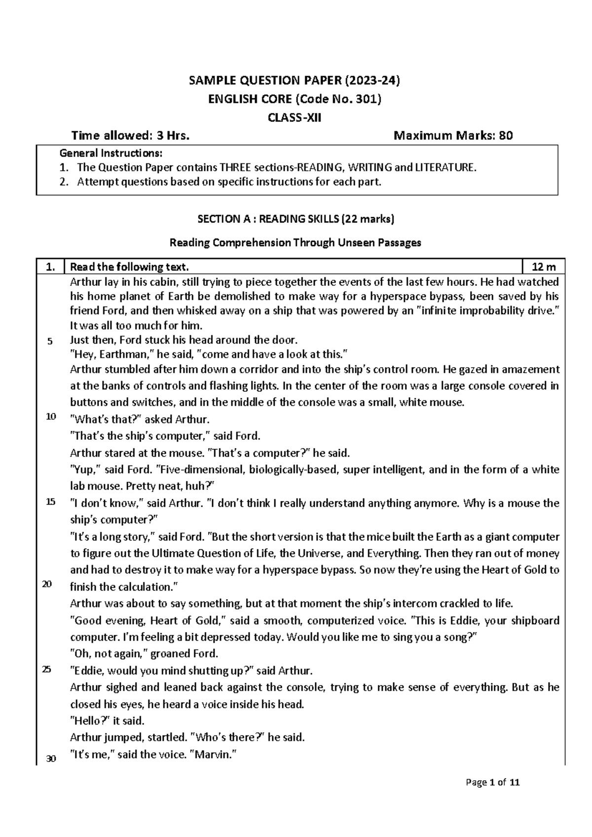 SAMPLE QUESTION PAPER ENGLISH CORE (Code No. 301) - 2023 - Studocu