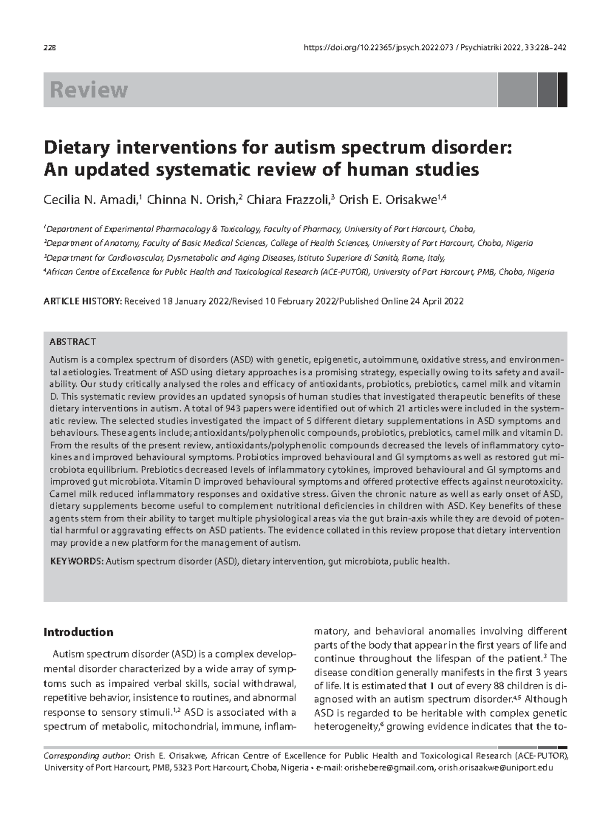 228 Psychiatriki 2022: Dietary Interventions for Autism Spectrum ...
