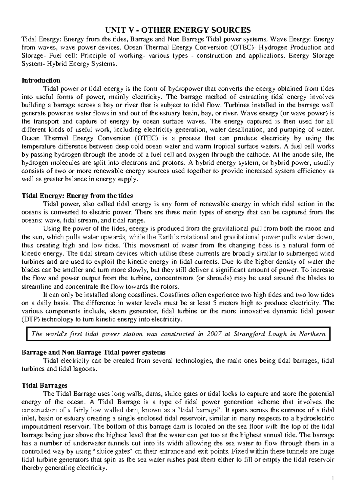 Renewable Energy Systems UNIT 5 - The world's first tidal power station ...