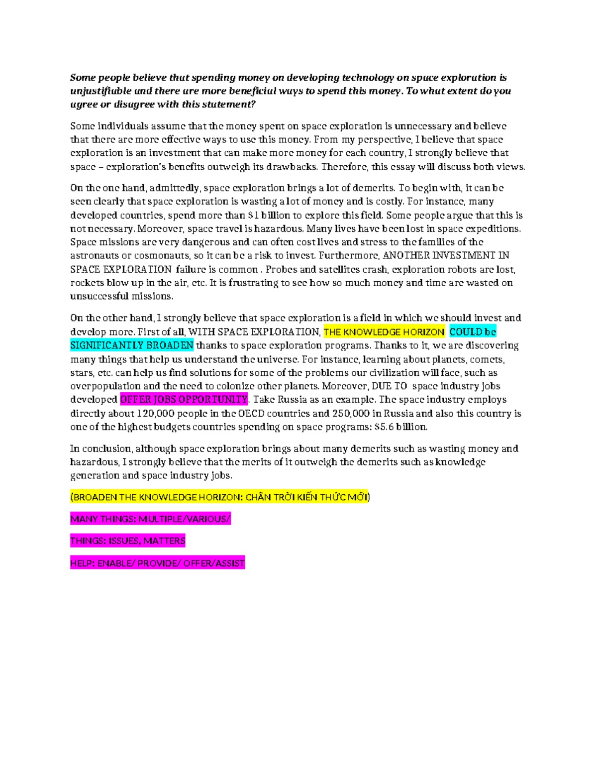 Essay on Space Exploration: Investment vs. Cost (ENG101) - Studocu