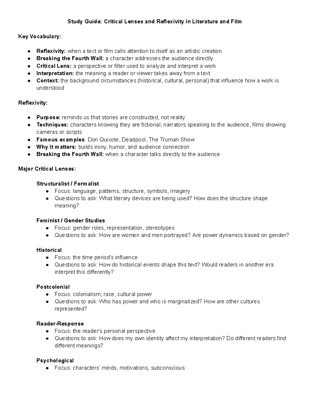 Study Guide: Critical Lenses & Reflexivity in Lit & Film - Studocu