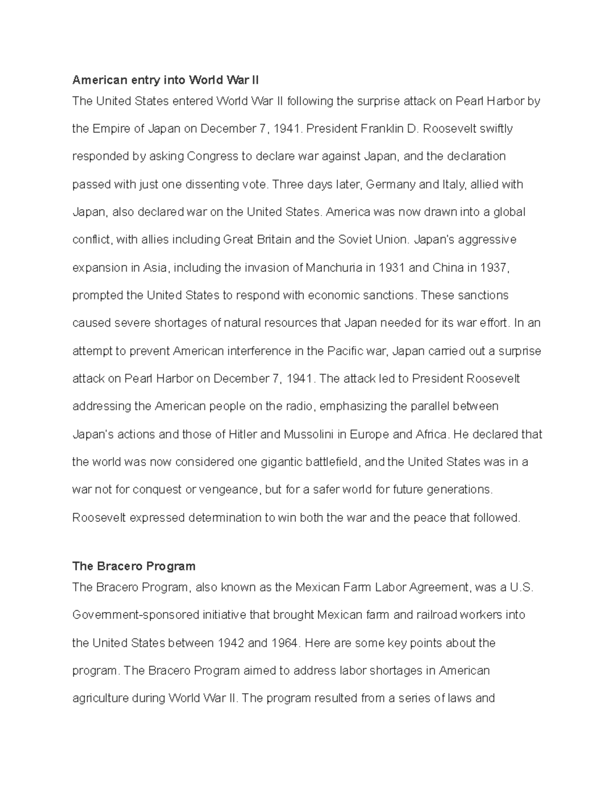 US History: American Entry into WWII & Impact (6-10 Lecture Notes ...