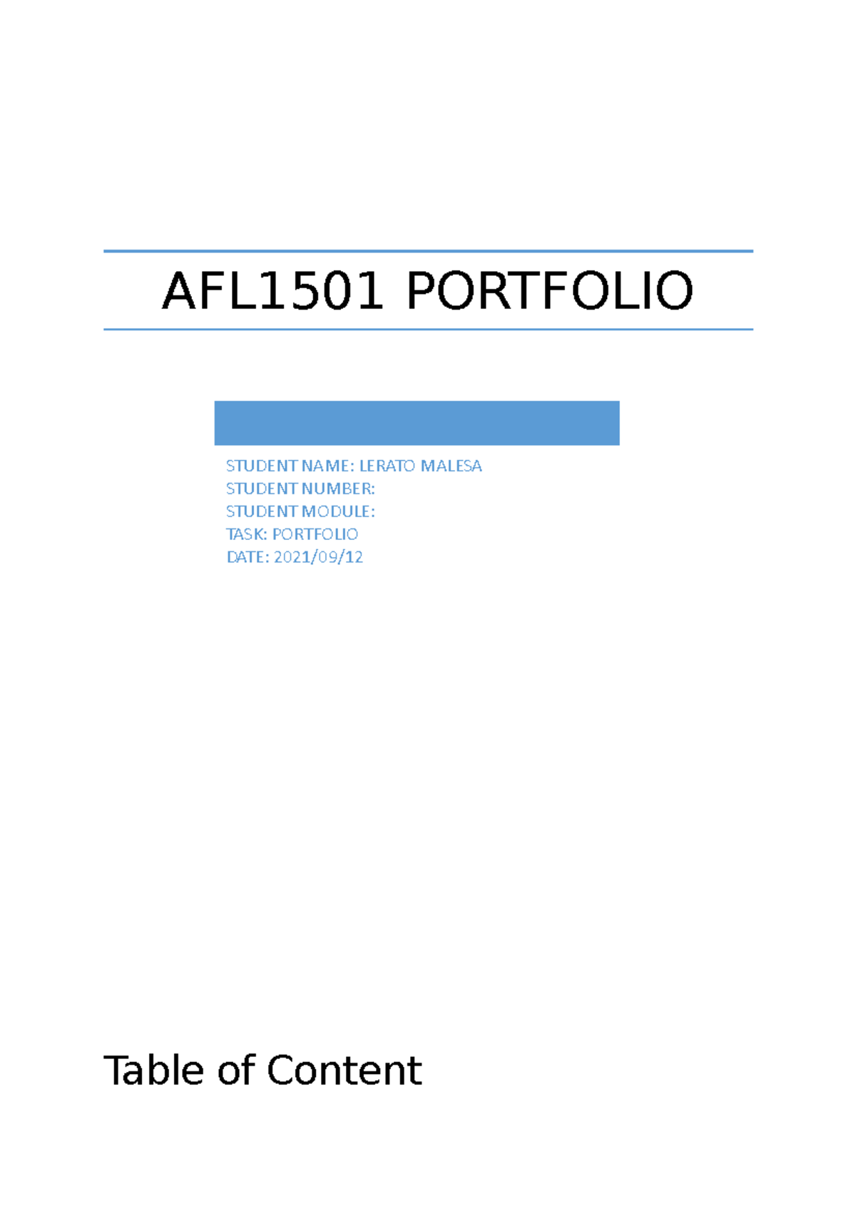 AFL1501 Portfolio III - Lecture notes 2 - AFL1501 PORTFOLIO Table of ...