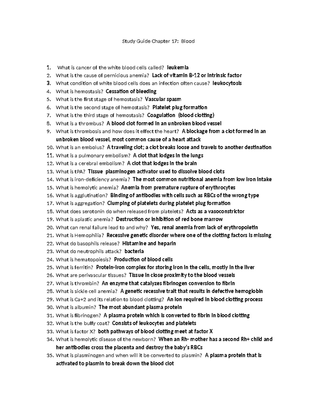 Study Guide CH 17: Blood Disorders & Hemostasis Concepts - Studocu