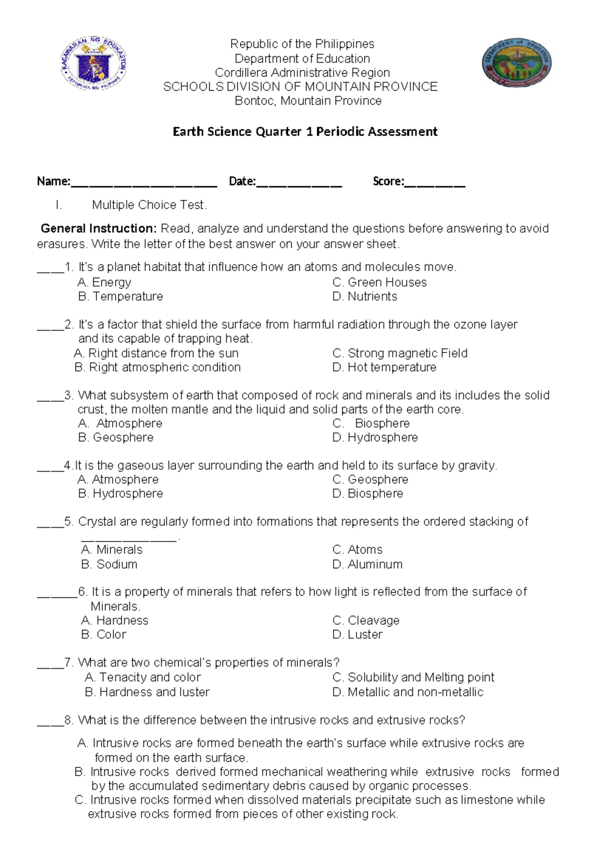 Earth Science Q1 Assessment: Key Concepts and Practice Questions - Studocu