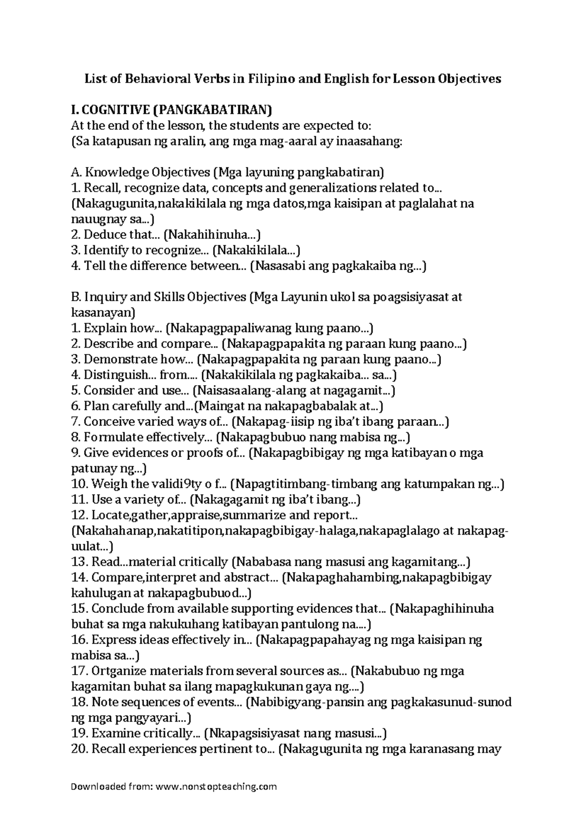 List of Behavioral Verbs for Lesson Objectives in Filipino & English ...