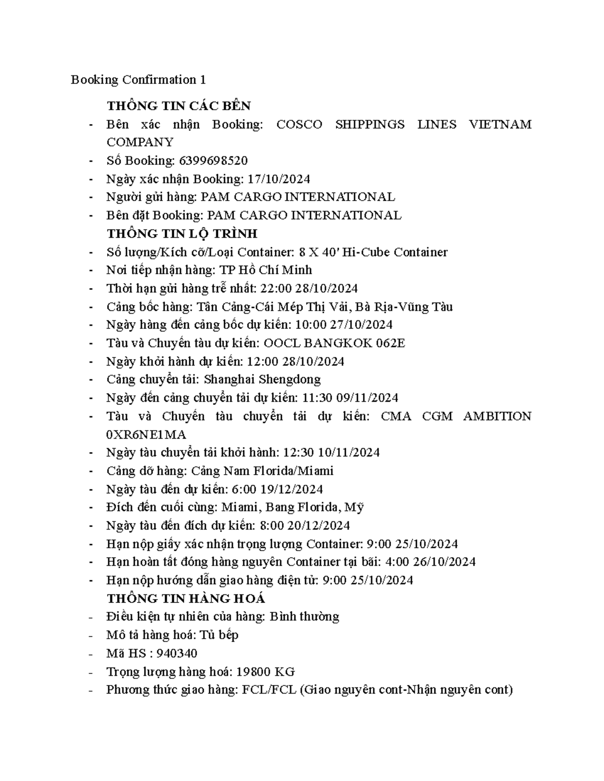 Booking Confirmation 1: COSCO Shipping Details and Guidelines - Studocu