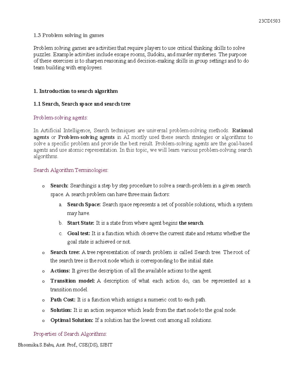 23CDI503 Problem Solving & Search Algorithms in AI - Studocu