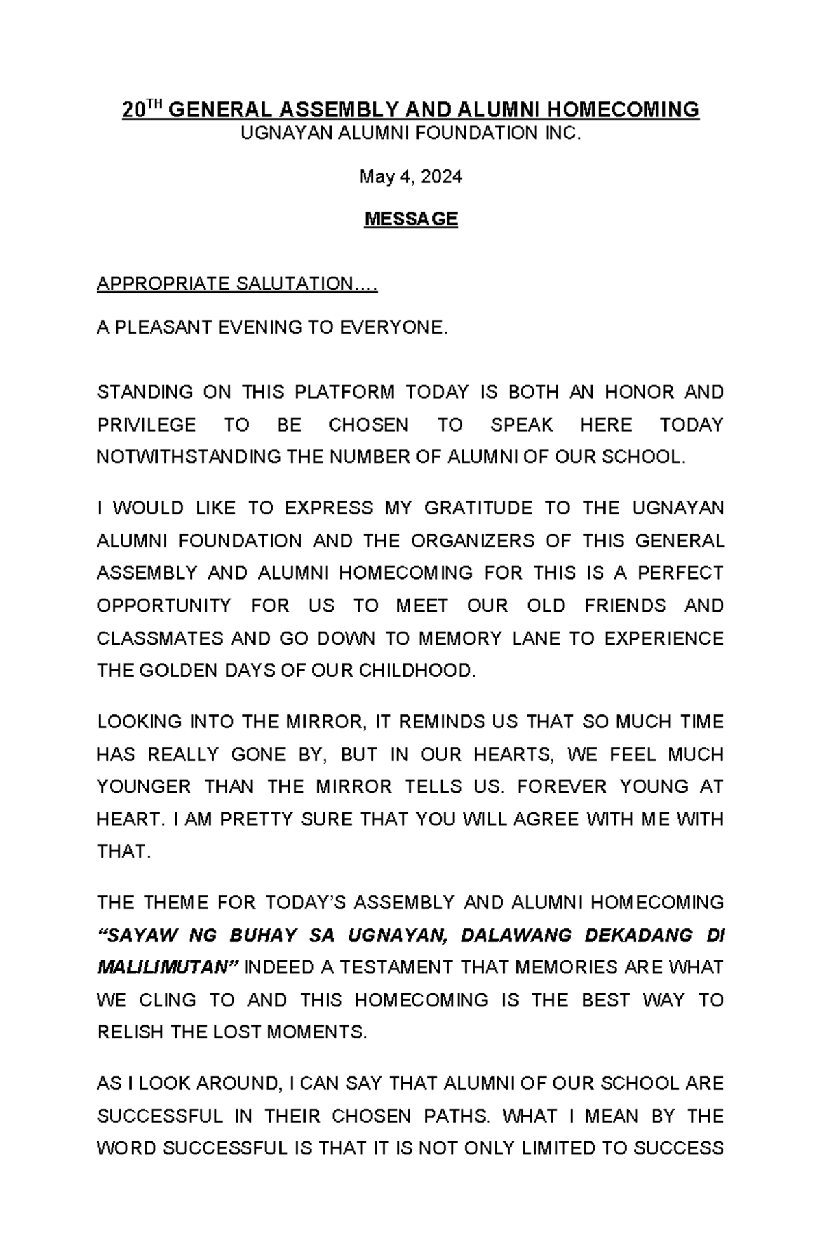 UGNAYAN Alumni Homecoming Message - General Assembly 2024 - Studocu