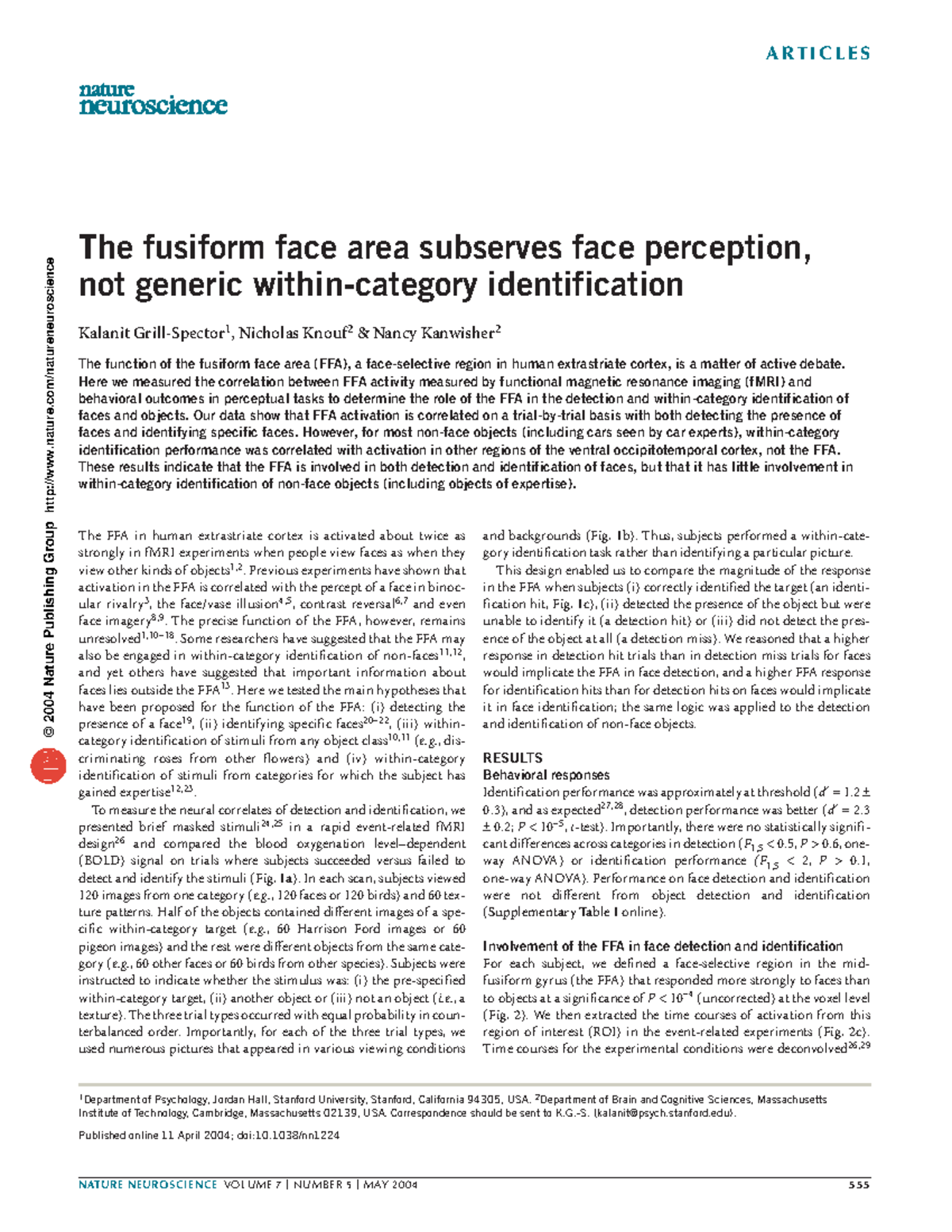 The Fusiform Face Area (FFA): Insights into Face Detection ...