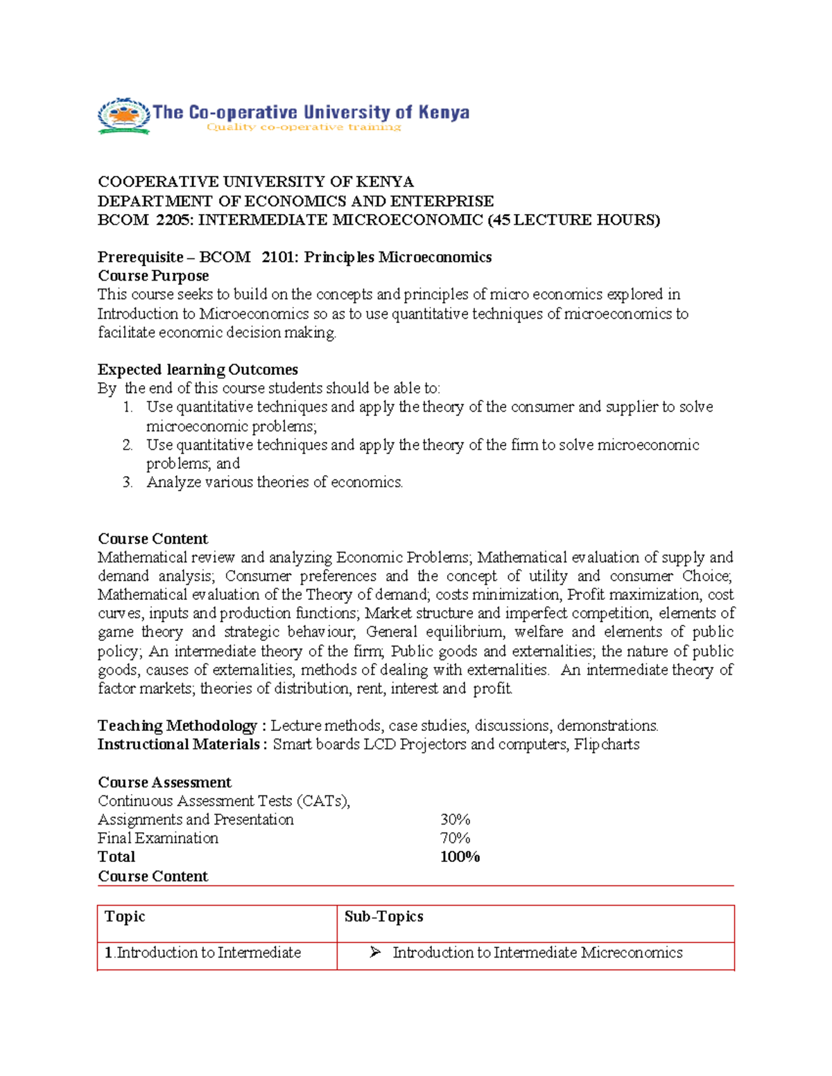 BCOM 2205: Course Outline for Intermediate Microeconomics - Studocu