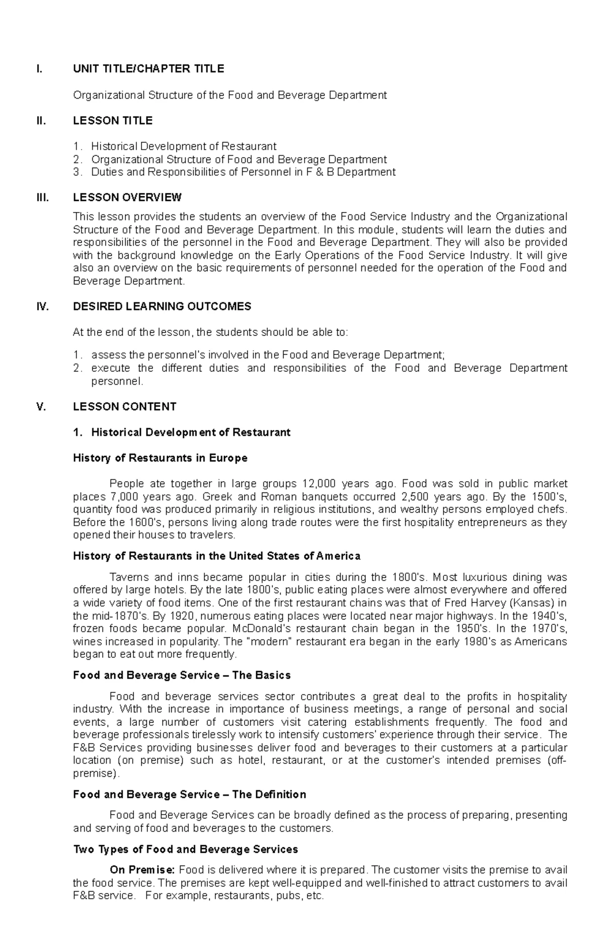 Fundamentals in Food Service Operations Lesson 1 - I. UNIT TITLE ...