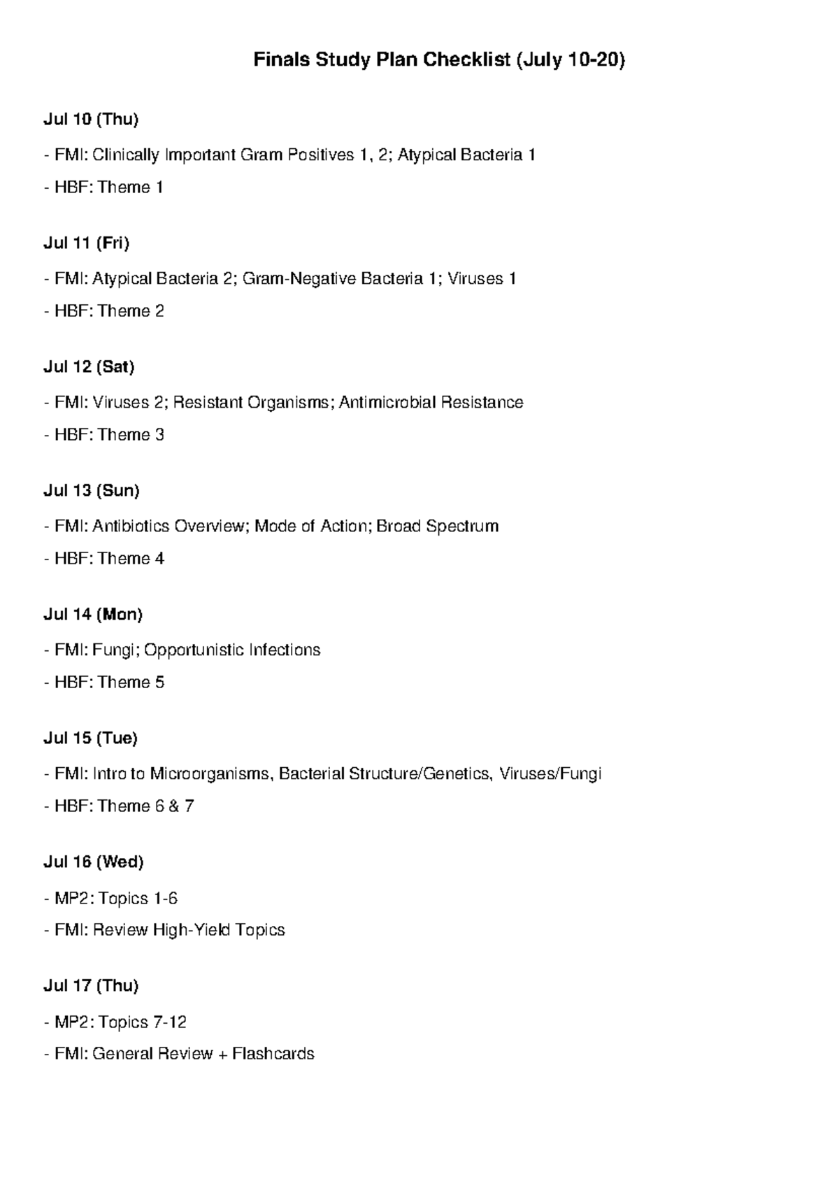 Finals Study Plan Checklist: July 10-20 for FMI & HBF Topics - Studocu