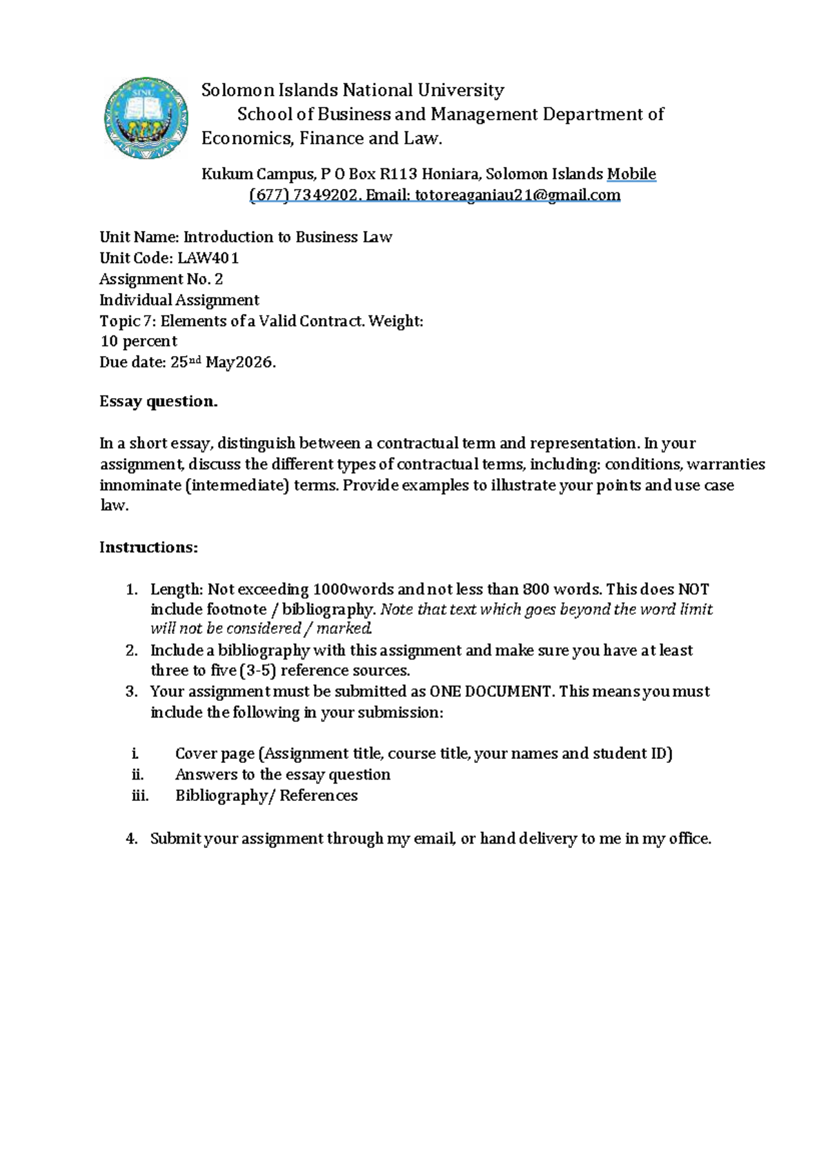 Assignment 2: LAW401 - Elements of a Valid Contract Essay - Studocu