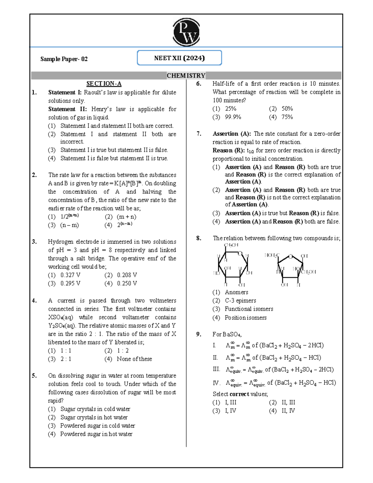 NEET XII (2024) Chemistry Sample Questions and Answers - Studocu