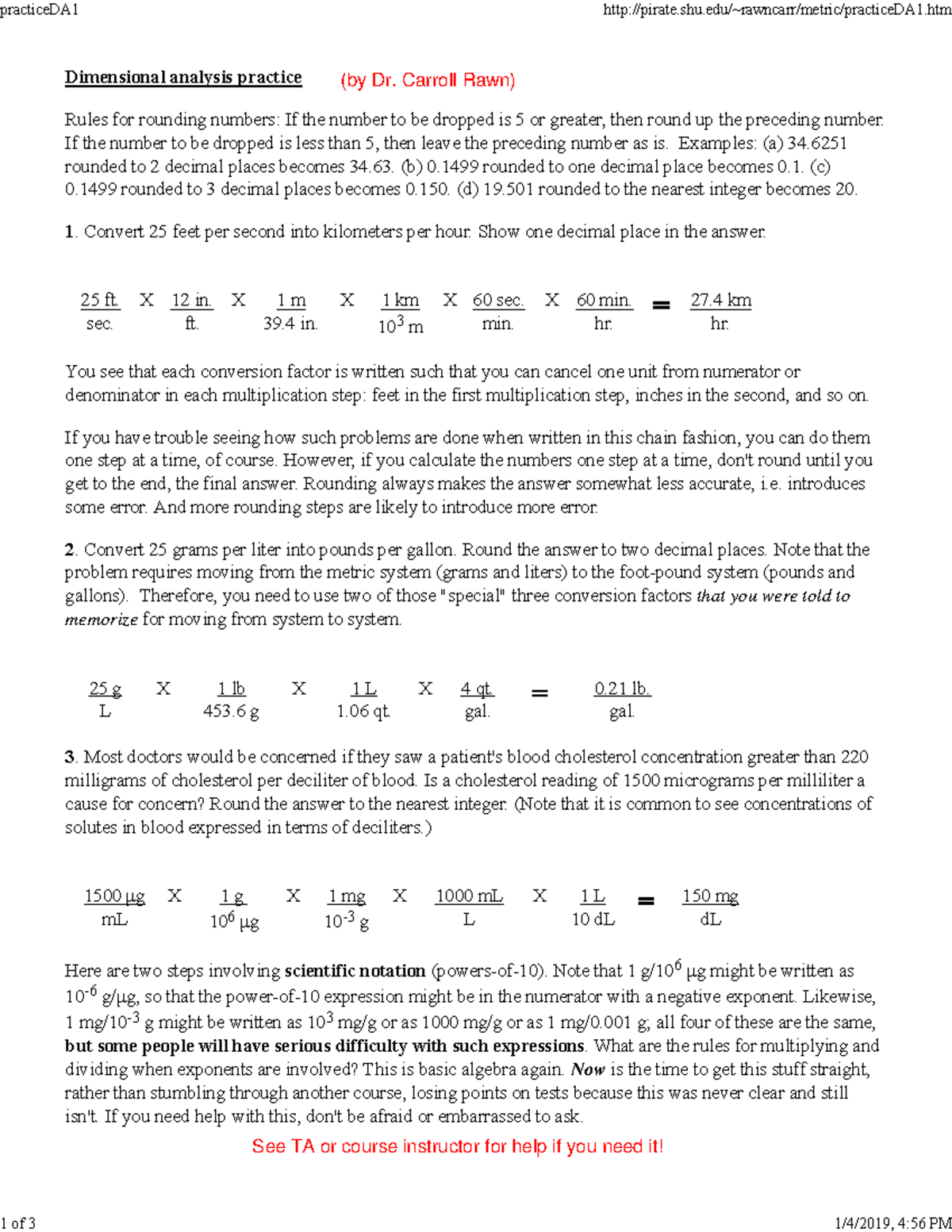 Dimensional Analysis Practice Worksheet (DA1) - Rounding Conversions ...