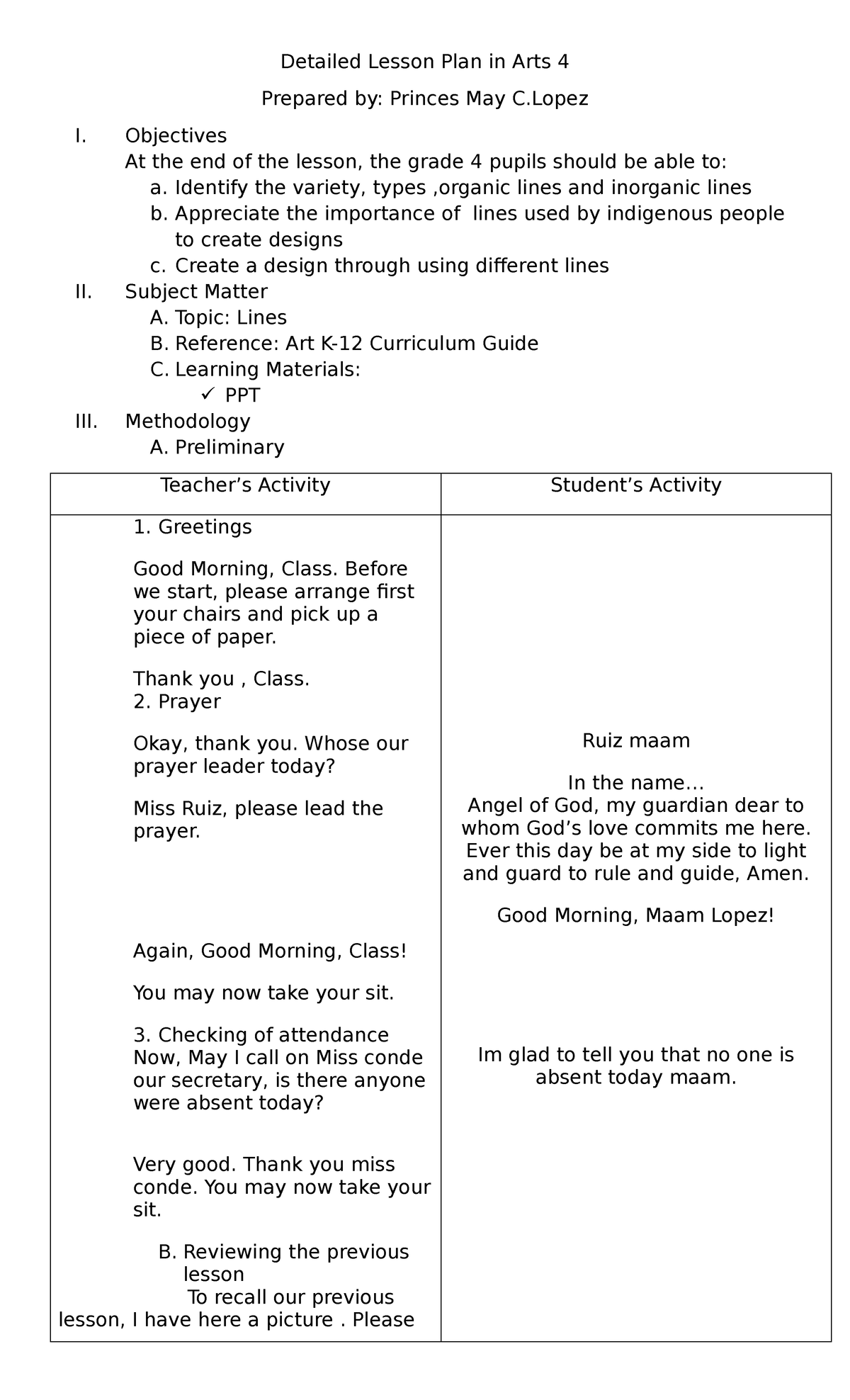 Detailed Lesson Plan in Arts 4: Understanding Lines and Designs - Studocu