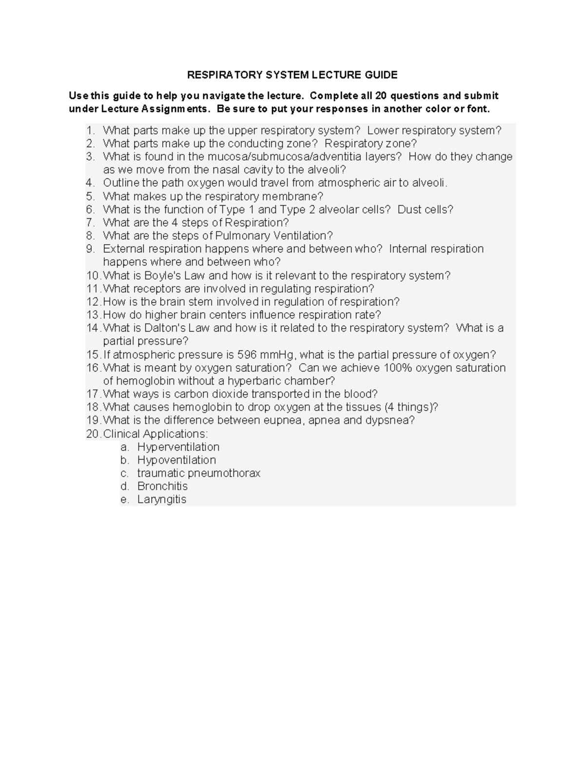 RESPIRATORY SYSTEM LECTURE GUIDE: Key Questions & Answers - Studocu