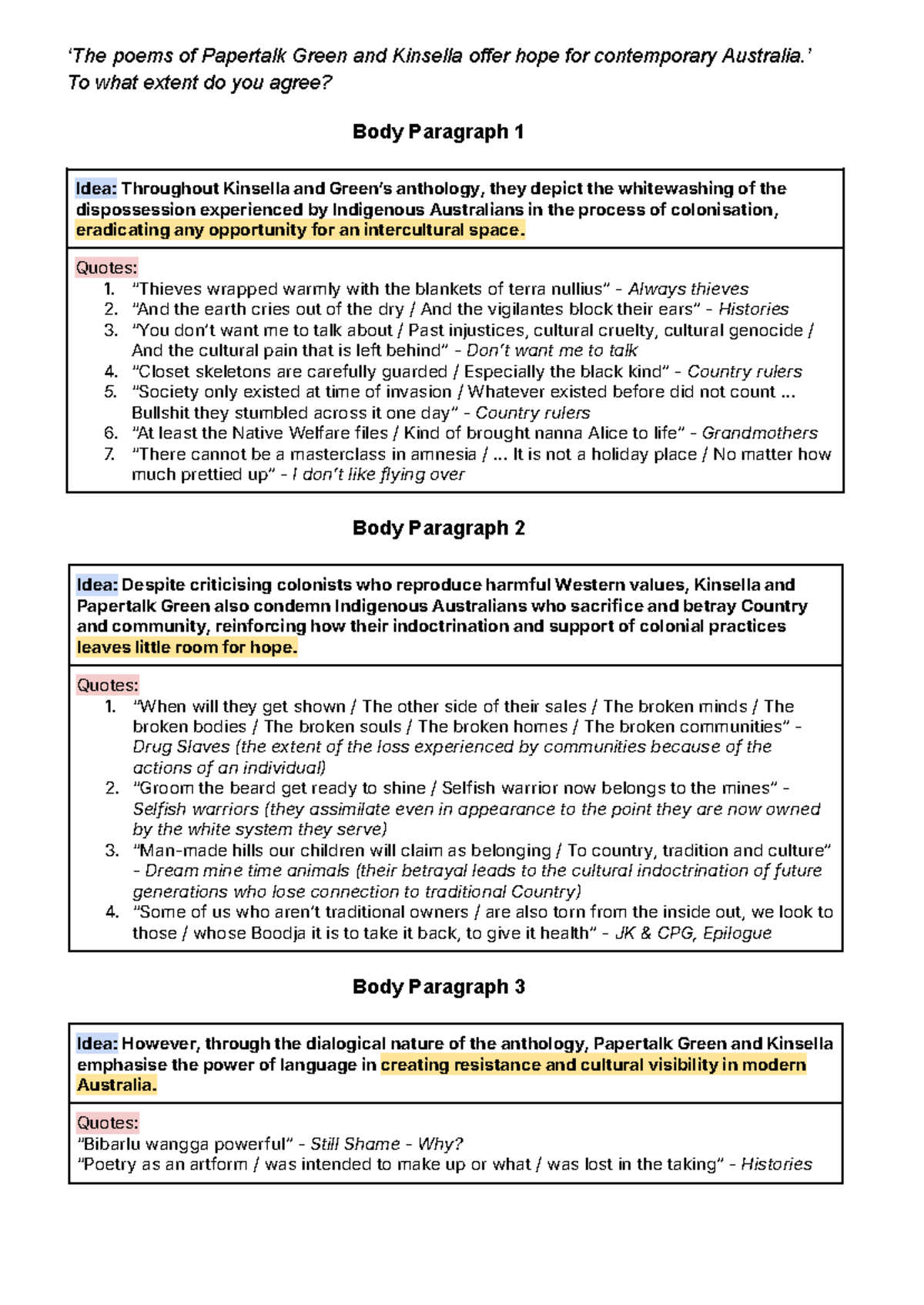 Essay Plan: Analyzing Hope in Kinsella & Papertalk Green's Poetry (ENG ...