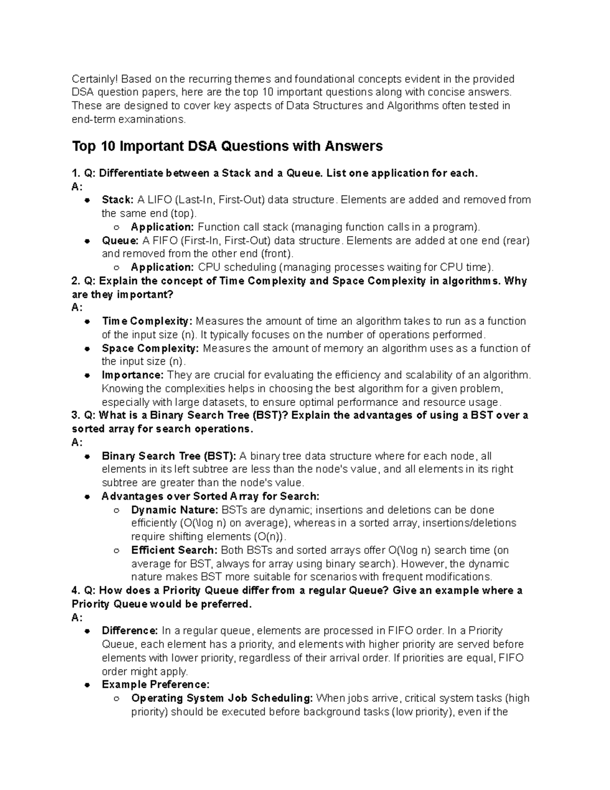 Top 10 Important DSA Questions & Answers for Exam Prep - Studocu