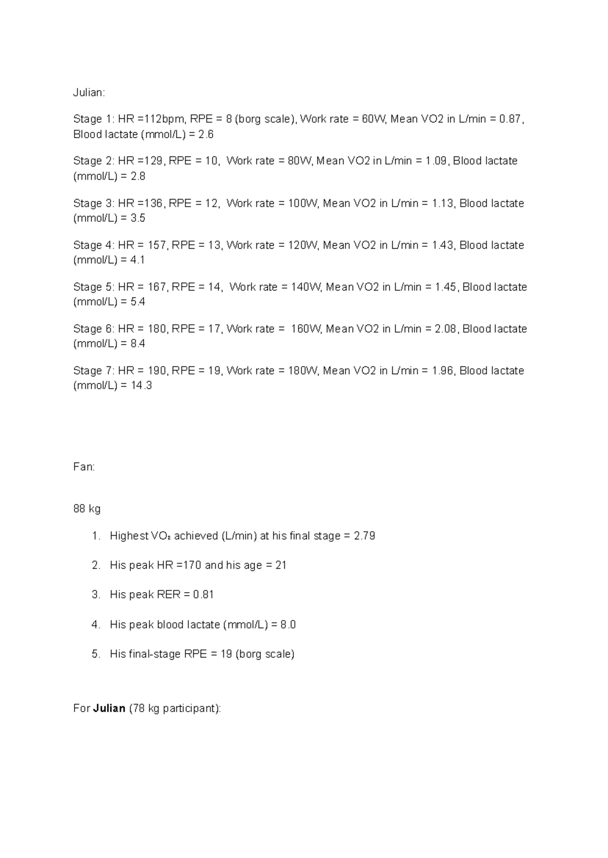 Laboratory 4 Data: Julian's Exercise Physiology Assessment - Studocu