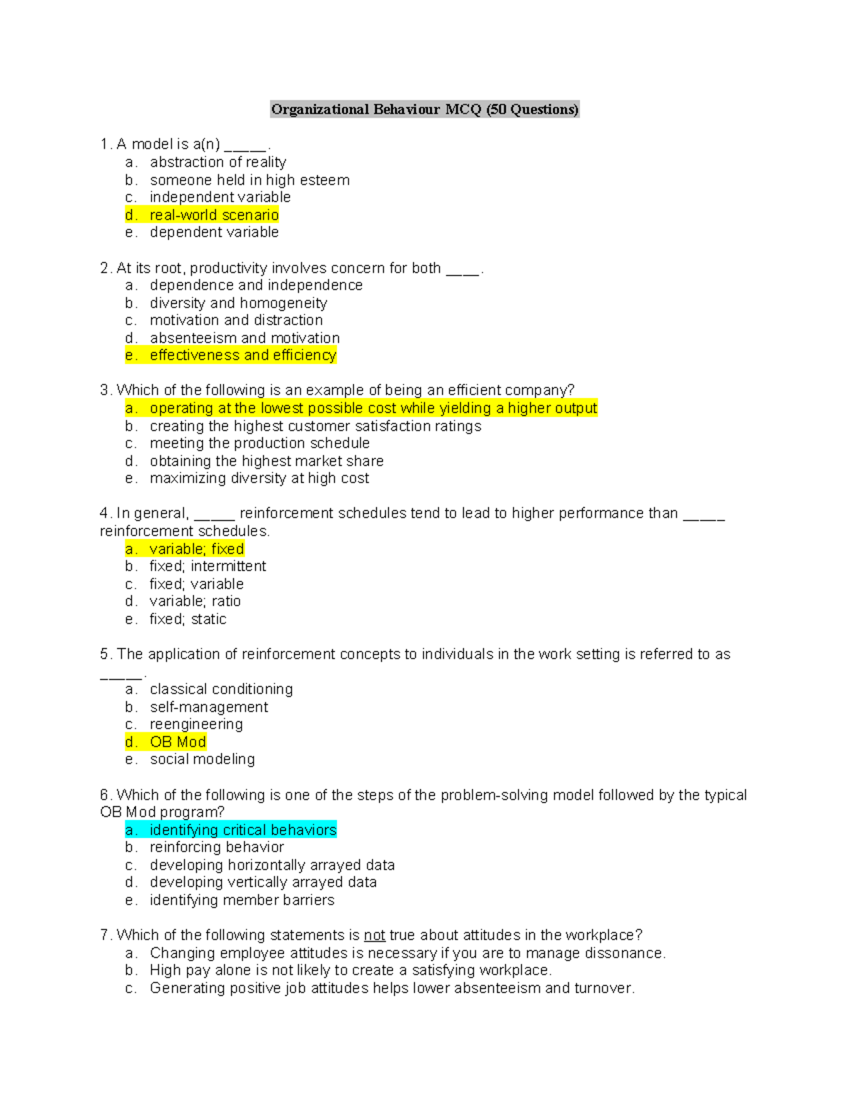 Organizational Behaviour MCQ & Short Answer Questions (DBA 7104) - Studocu