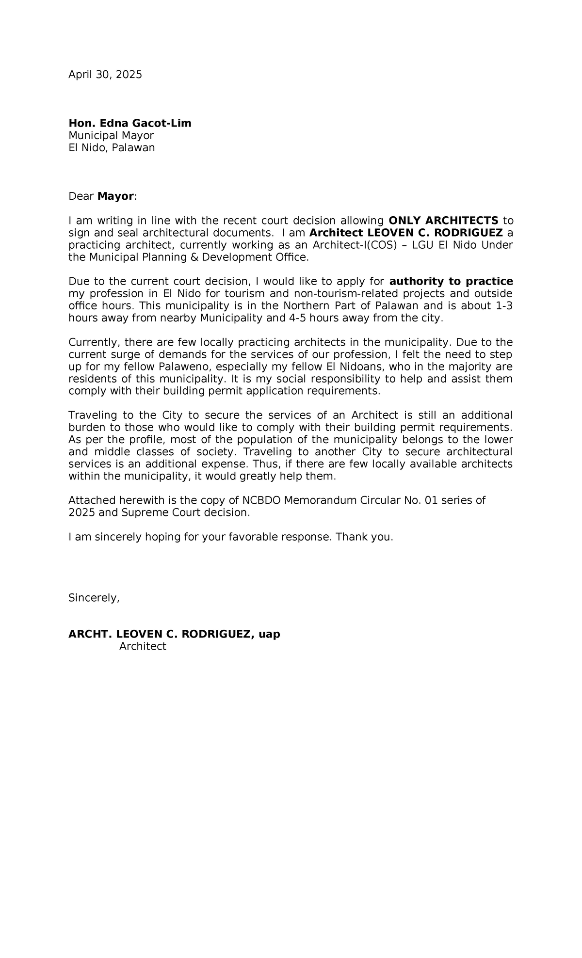 Sample Letter for Authority to Practice - Architect Application - Studocu