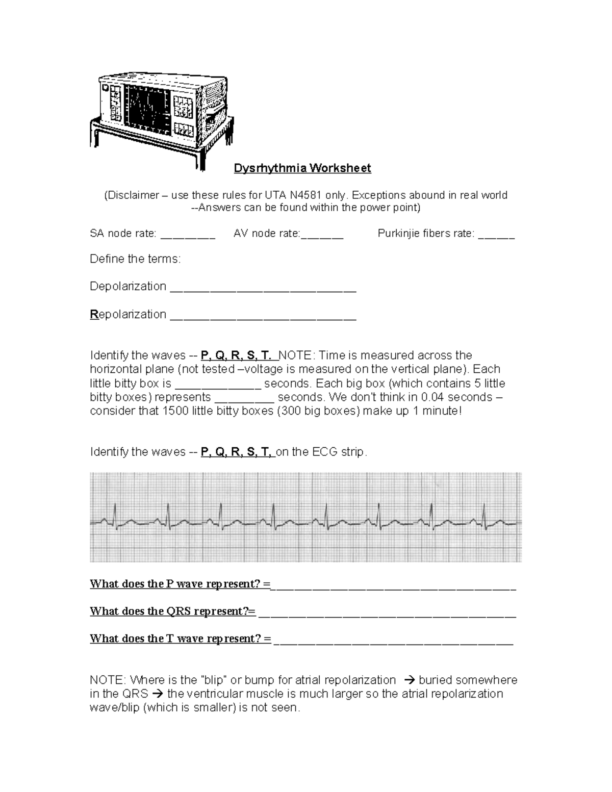 Dysrhythmia Worksheet for UTA N4581: ECG Interpretation Guide - Studocu