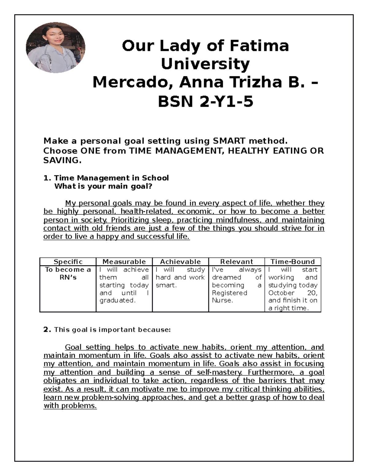 BSN 2-Y1 - Week 8: Personal Goal Setting Using SMART Method - Studocu
