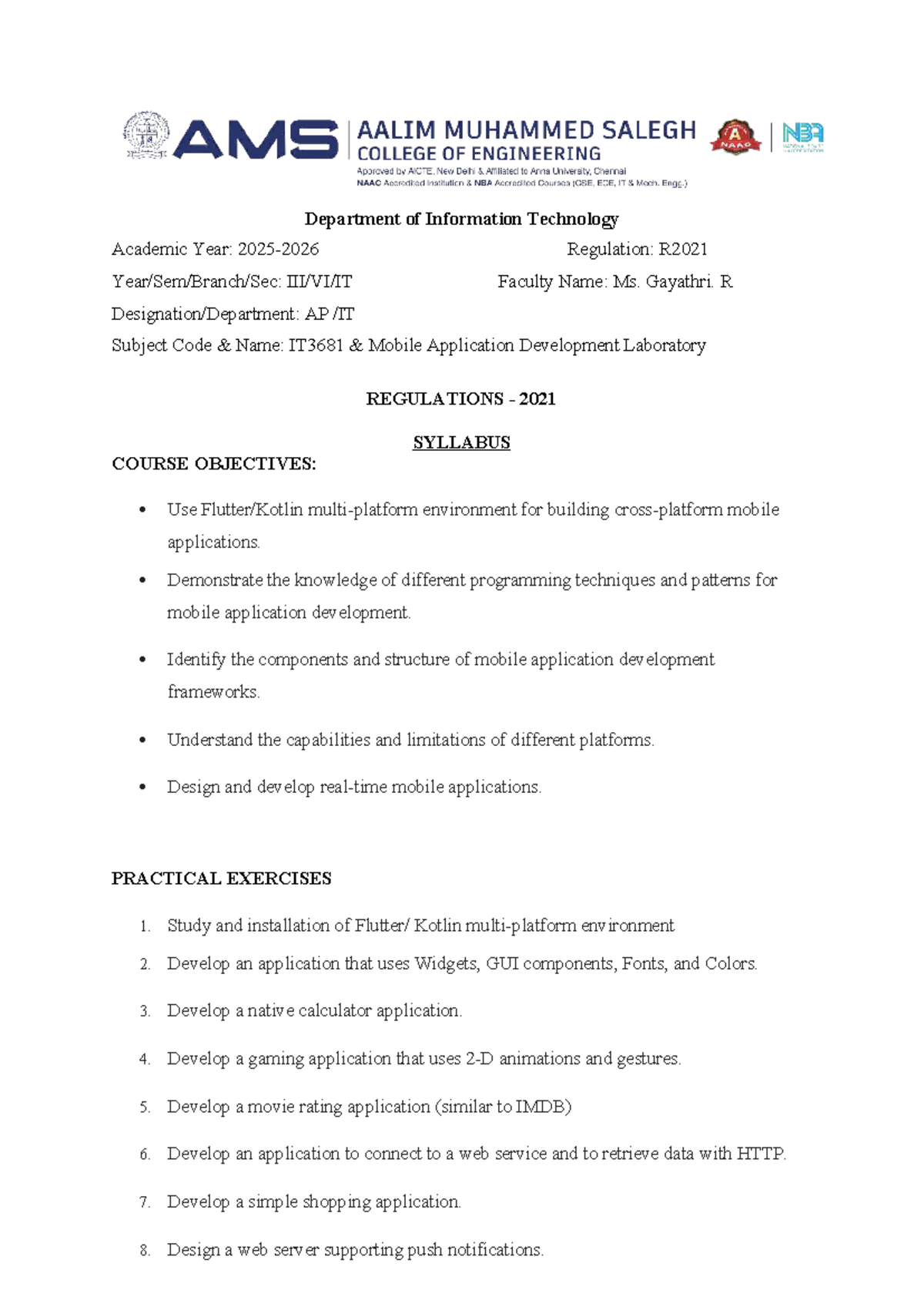 IT3681 Mobile Application Development Lab: Lesson Plan & Syllabus - Studocu