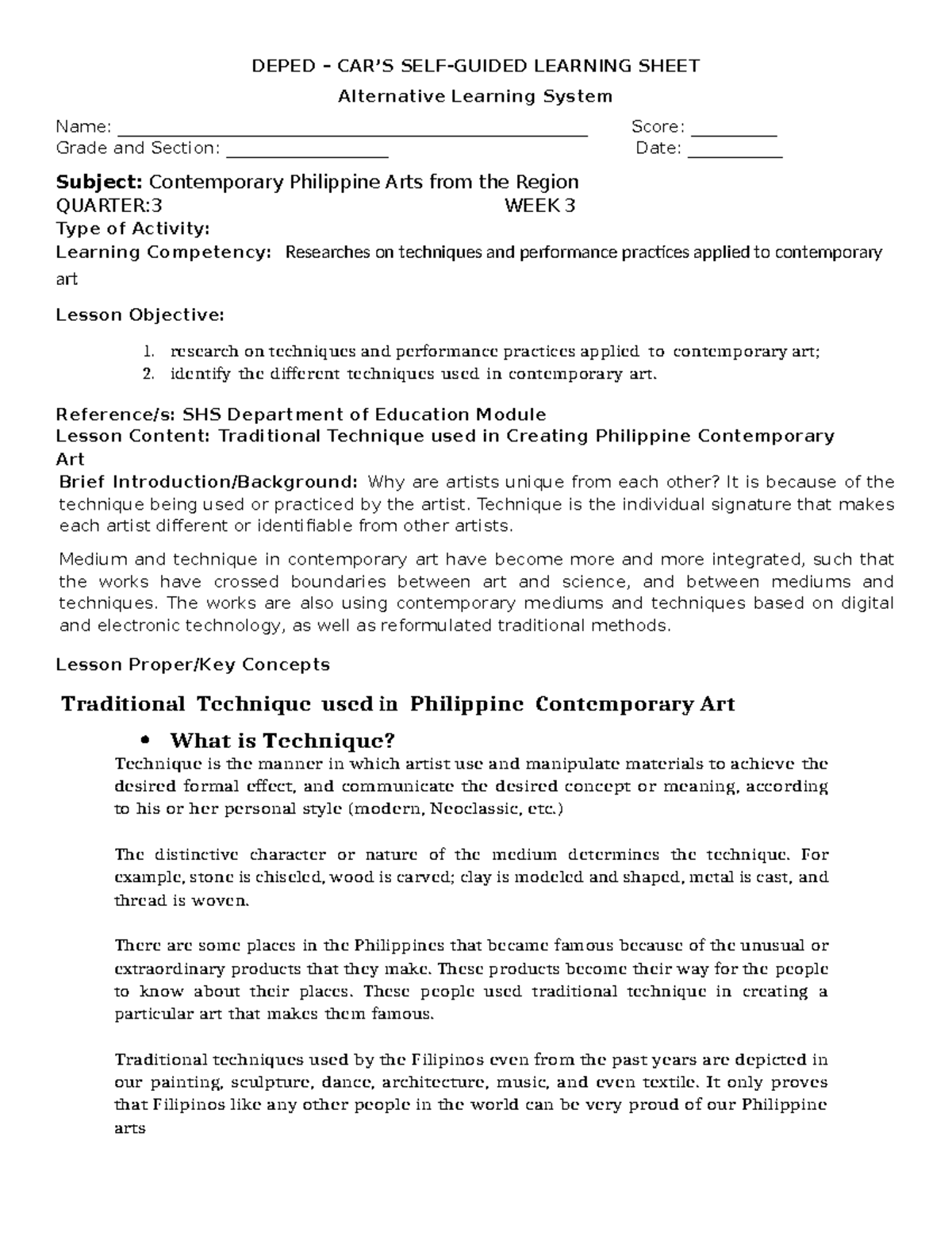CPAR Lesson 2 WEEK 3 Q3 - Traditional Techniques in Contemporary Art ...