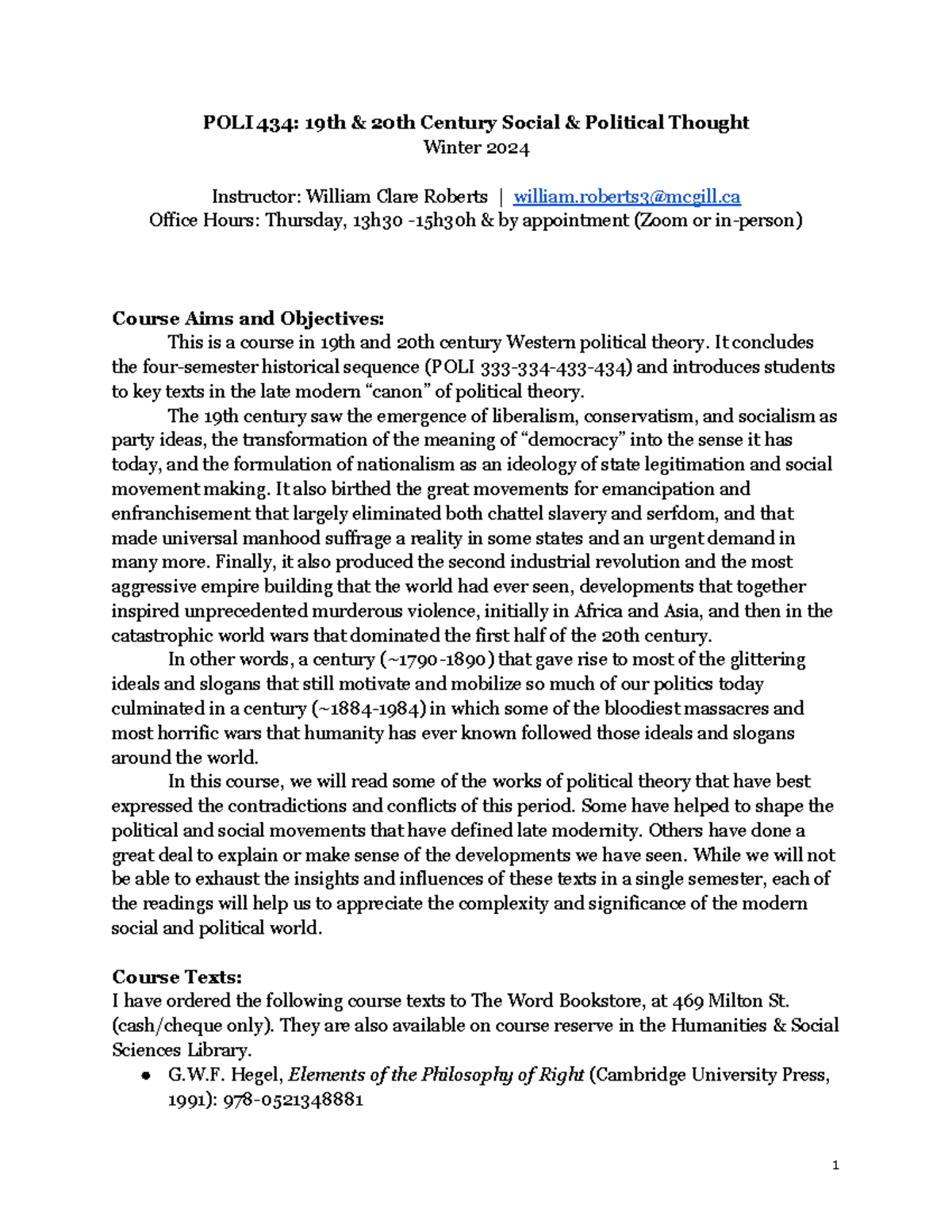 POLI 434: Course Outline for 19th & 20th Century Political Theory W24 ...