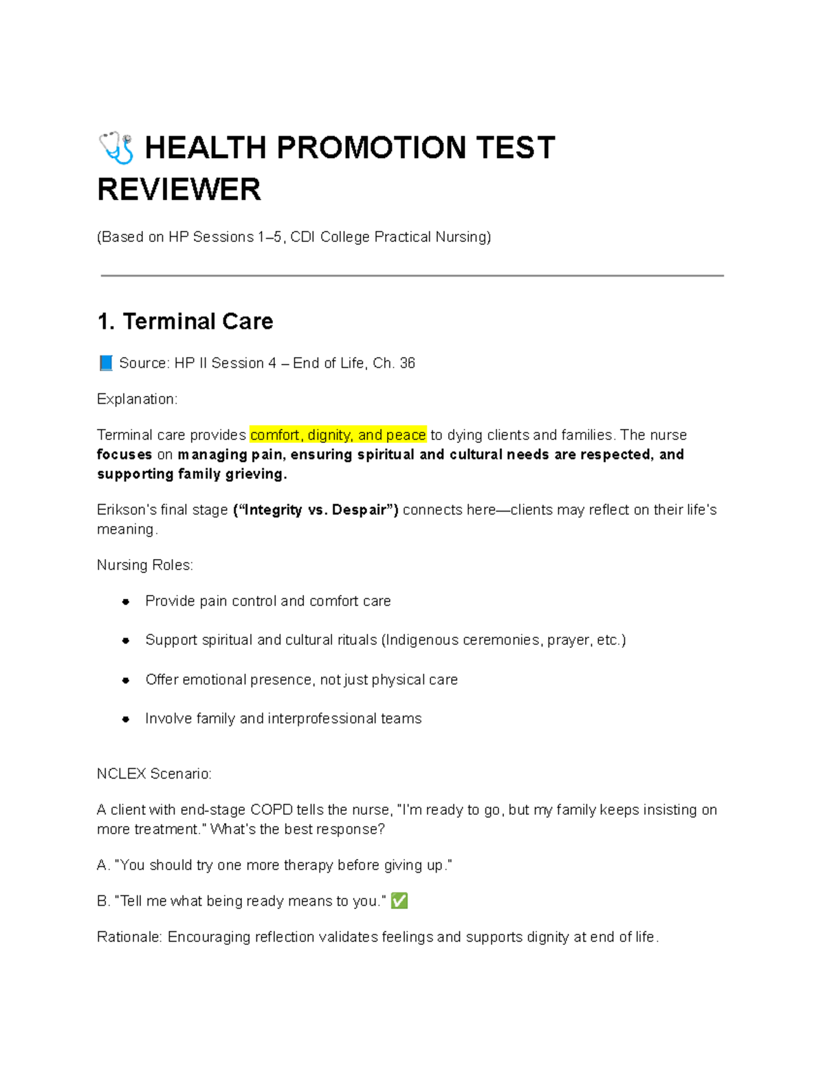 HP II Health Promotion Test Reviewer: Key Topics & Nursing Focus - Studocu