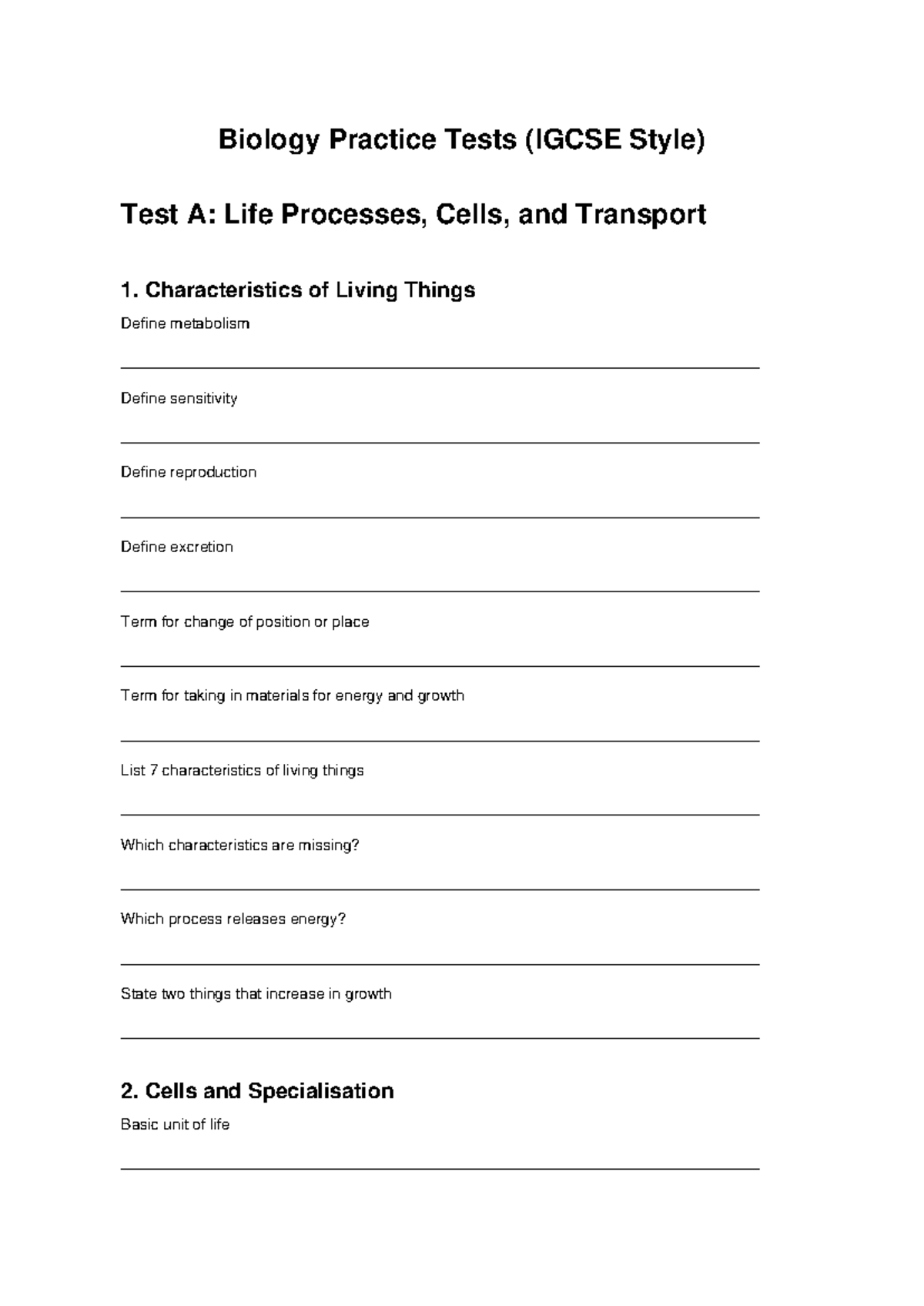 Biology Practice Tests (IGCSE) - Life Processes & Enzymes - Studocu